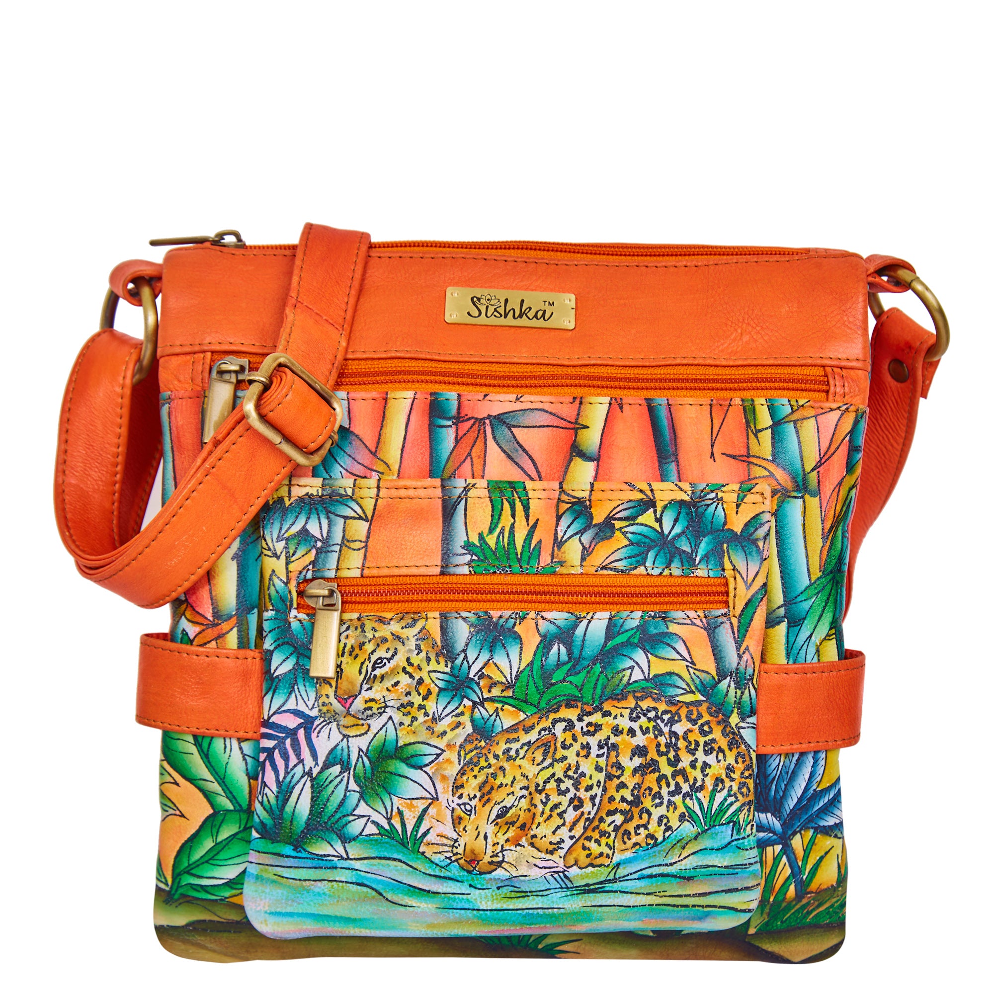 Bamboo & Cheetah Hand-Painted Leather Crossbody Bag – Orange | Sishka